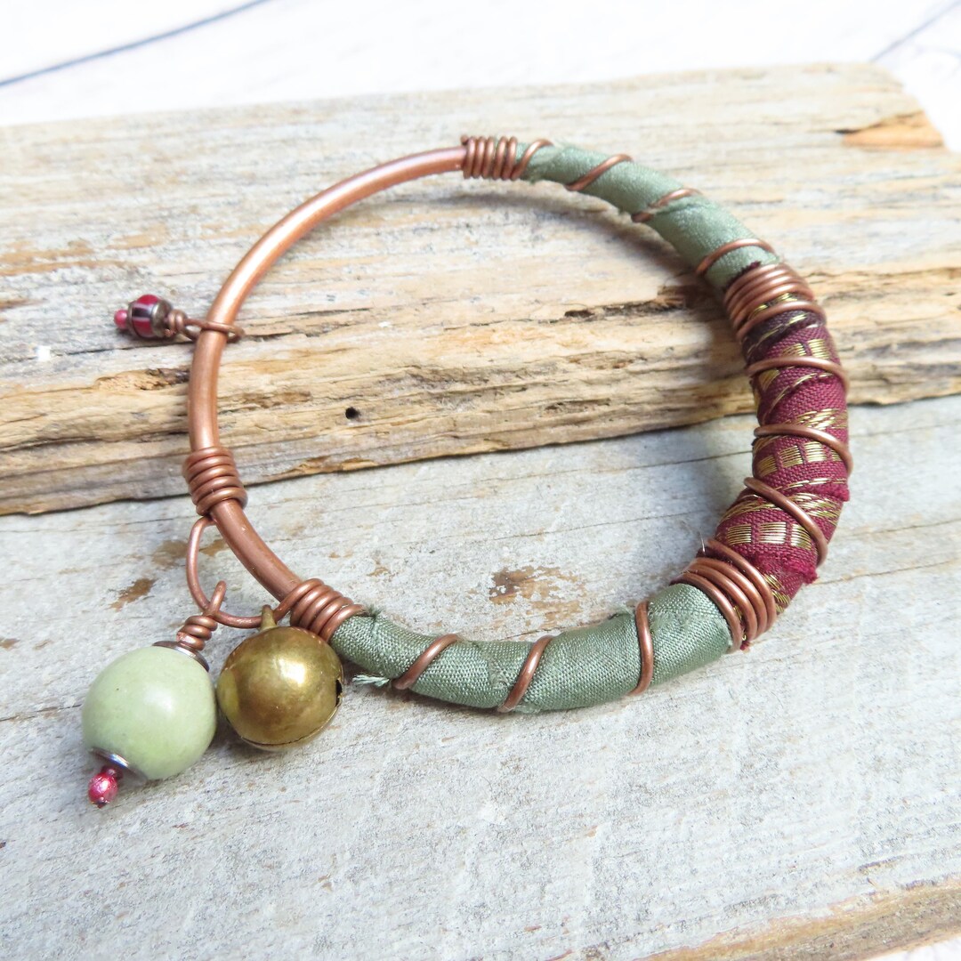 Silk Road Bangle - Handmade, Silk Wrapped, Upcycled Copper, Boho Charm ...
