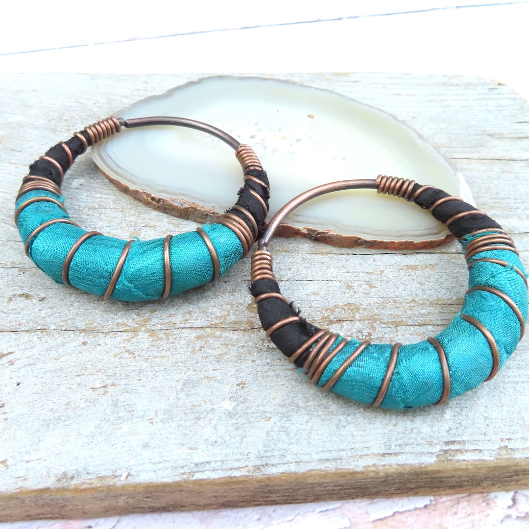 10 Gauge Hoops, Silk Wrapped Copper Hoop Hangers, Peacock Teal and ...