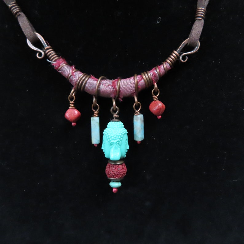 Handmade Copper Buddha Necklace: Silk Wrapped Bar, Adjustable Faux ...