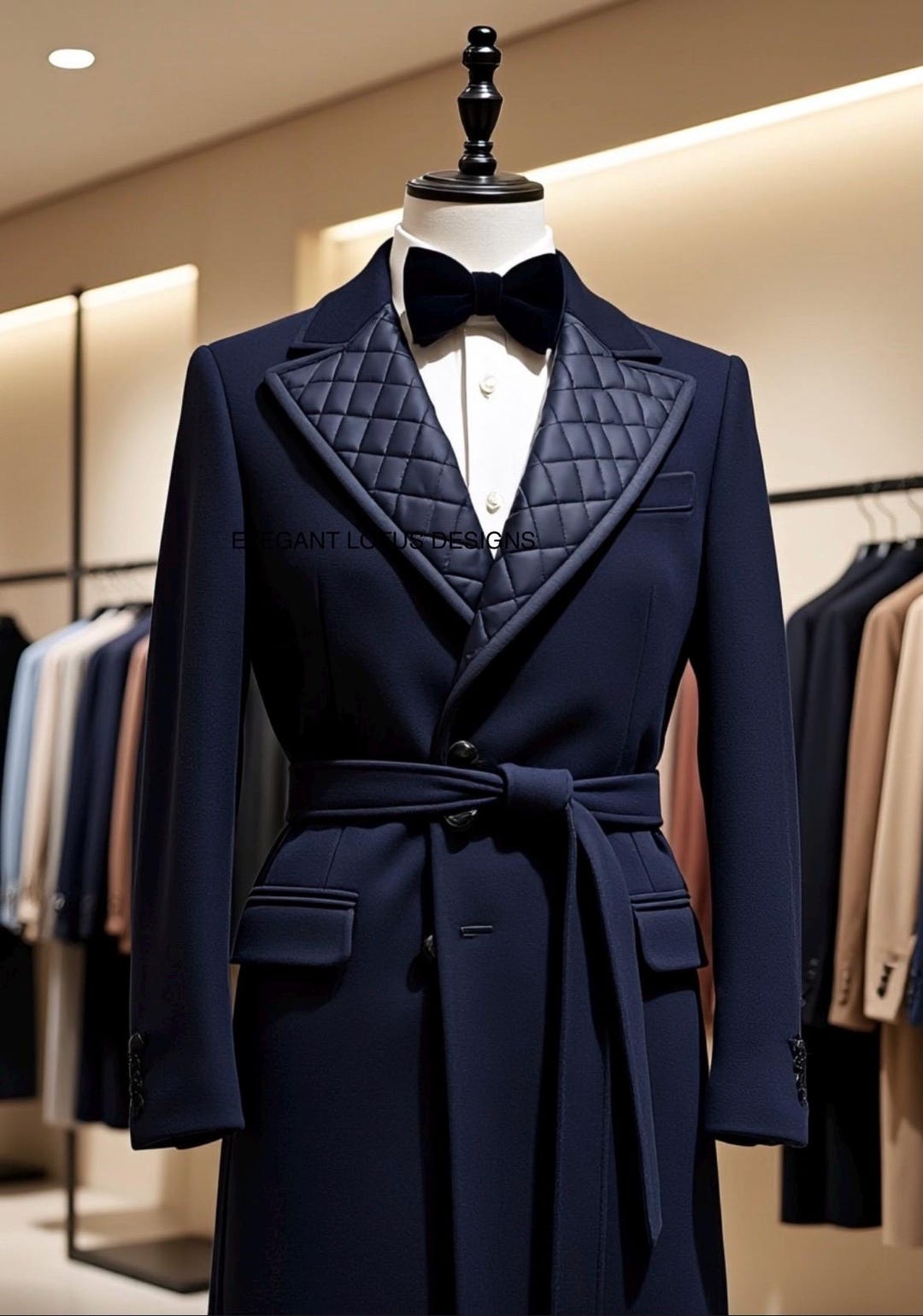 Navy Blue Quilted Lapel Smoking Jacket | Belted Velvet Tuxedo - Etsy