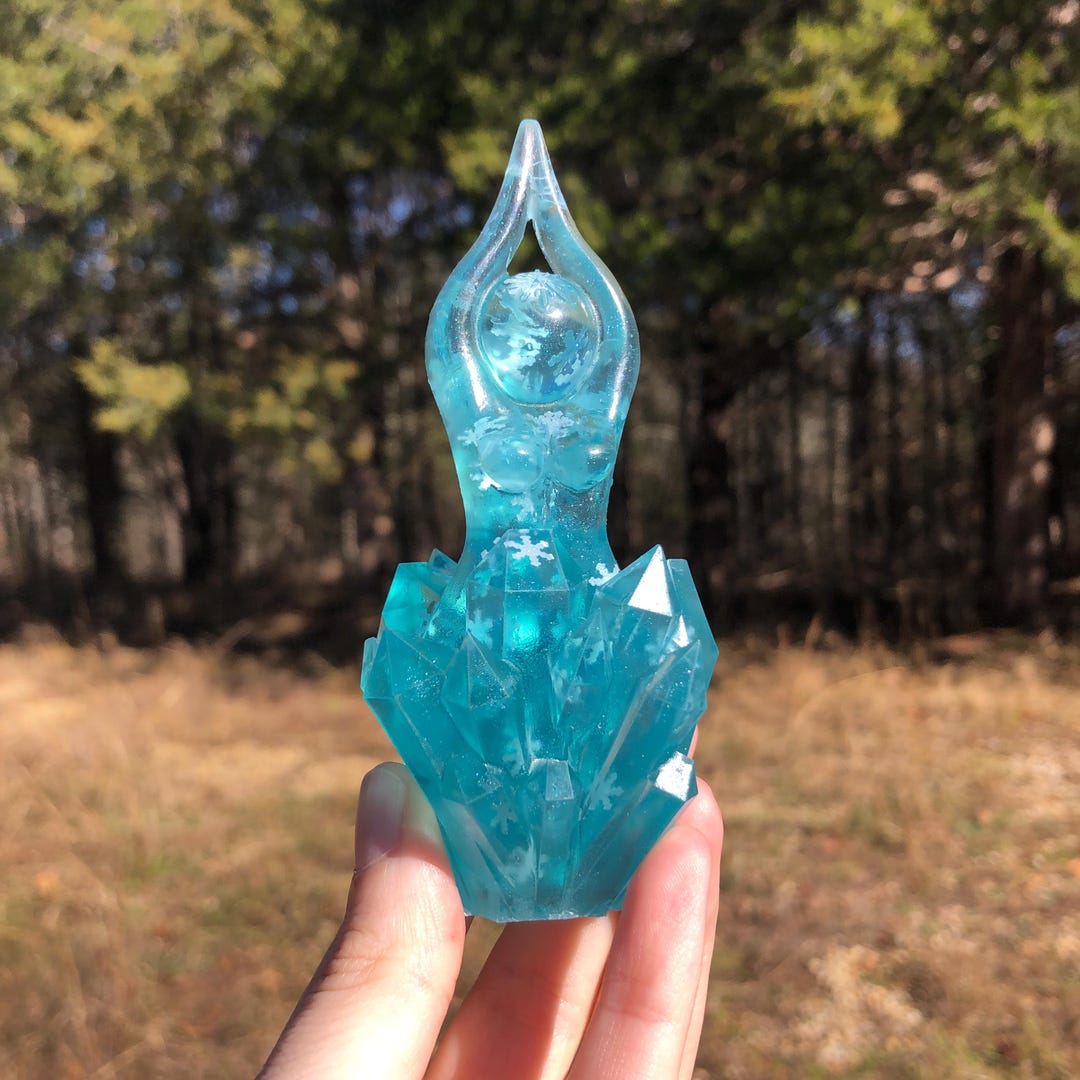 Glacier Creatrix Goddess Statue, Semi Transparent Light Blue Shimmer With Snowflakes winter ...