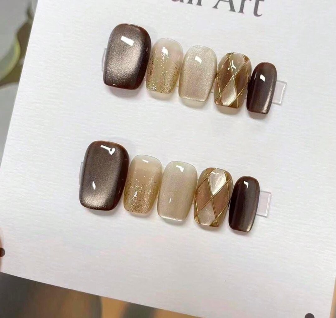30pcs Chestnut Latte Cat Eye Nails – Medium Length Square Press on ...