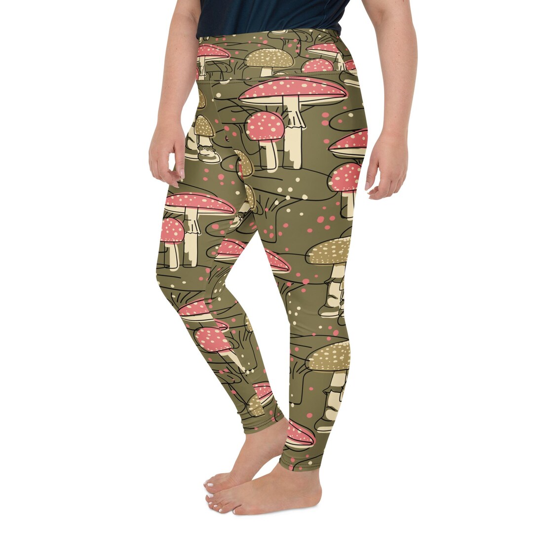 Plus Size Mushroom Leggings: Boho Yoga Pants, Green and Pink Tights - Etsy