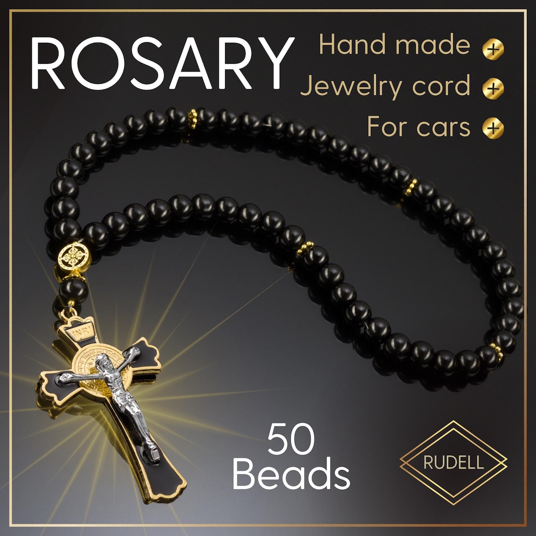 Rear View Mirror Car Rosary, 50 Black Bead Rosaries With Crucifix Charm ...