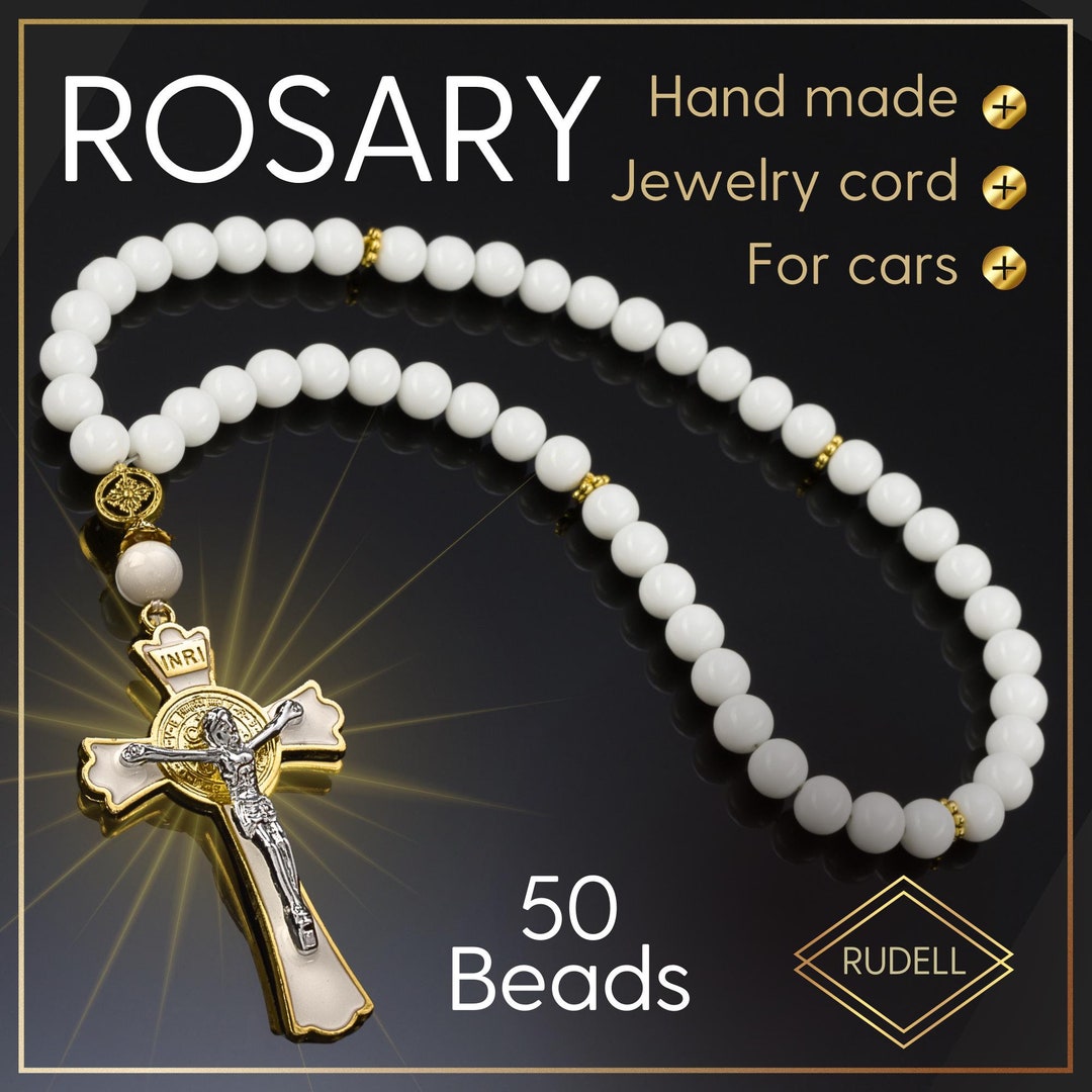 Car Rosary for Rearview Mirror, White Beaded Crucifix Catholic Rosaries ...