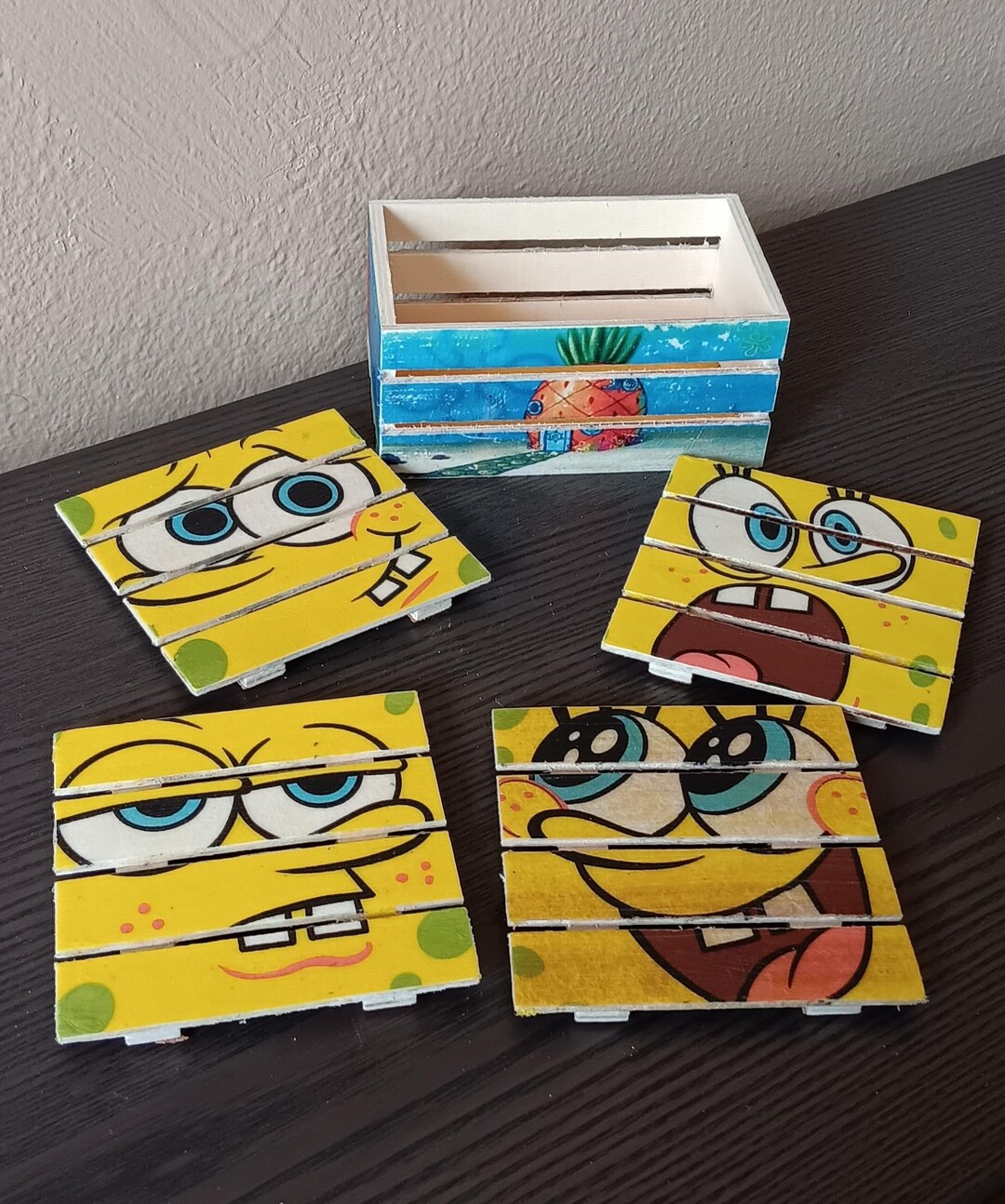 4 Pack Wood Spongebob Upcycled Coasters in a Wood Box .. Home Decor ...