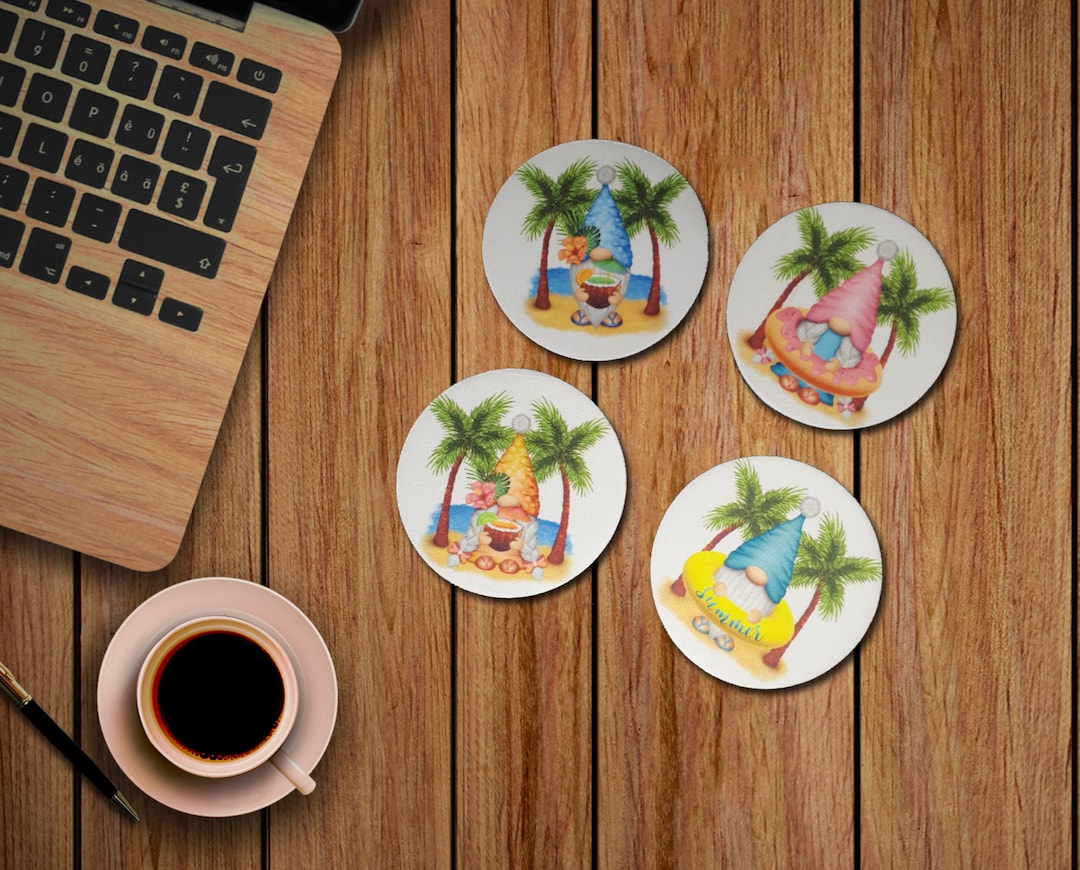 Summer Gnomes 4 Piece Coaster Set Printed THIN NEOPRENE RUBBER -meaning ...