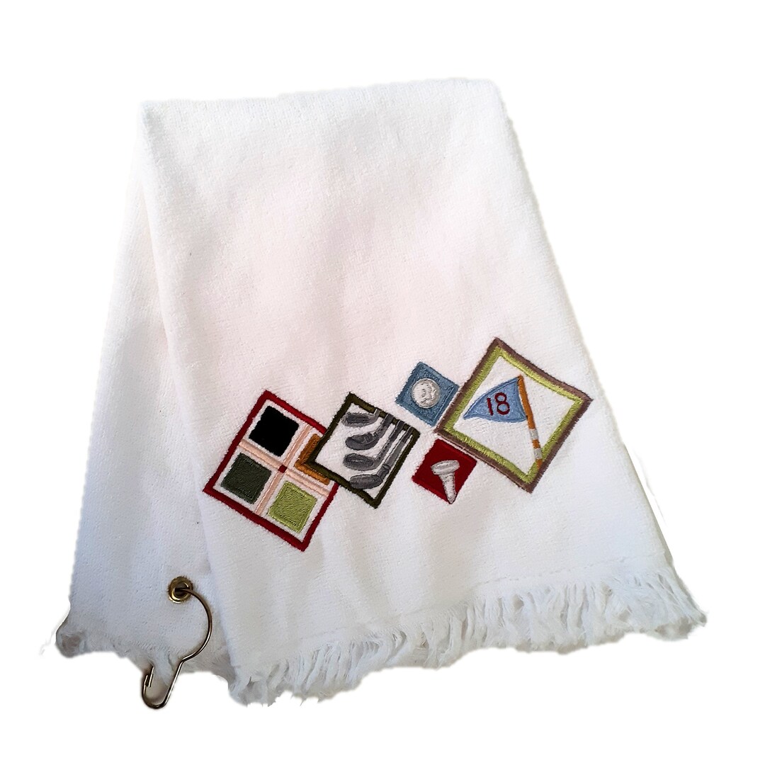 White Golf Emblems Design Embroidered Golf Towel With Grommet 16" X 26 ...