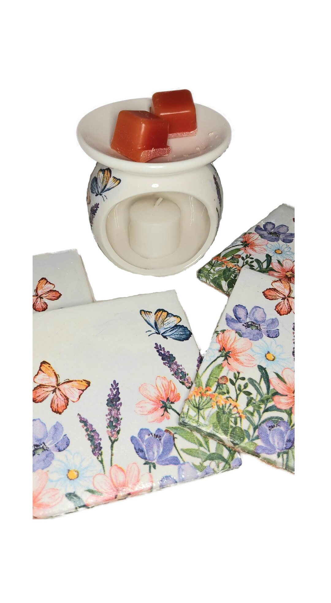 Ceramic Tile Coaster and Wax Warmer Floral & Butterflies - Smooth Top ...