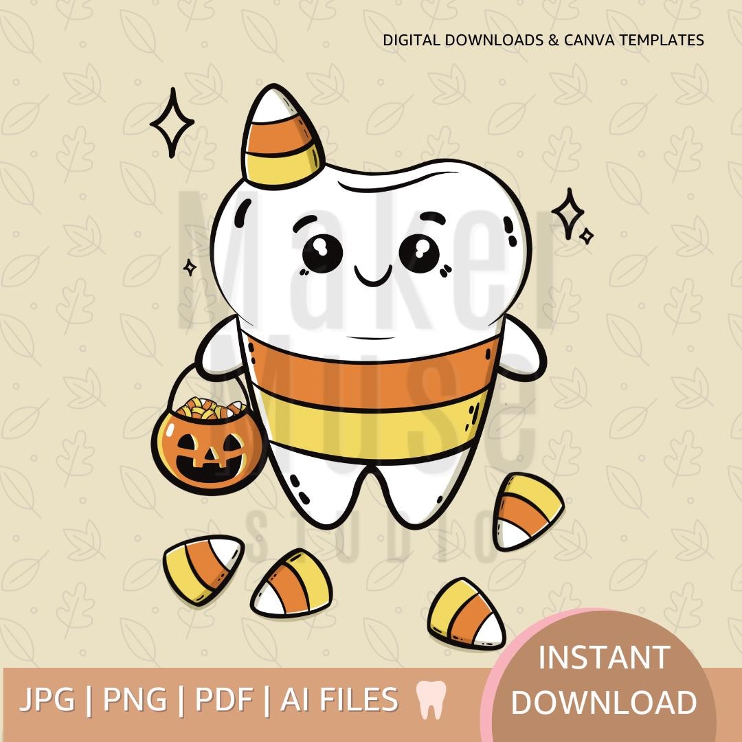 Halloween Tooth Illustration: Hand-drawn, Candy Corn, Dental Art ...