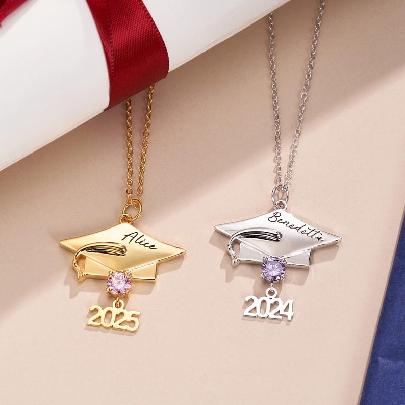 Personalized Graduation Cap Pendant Necklace, Custom Birthstone & Name ...