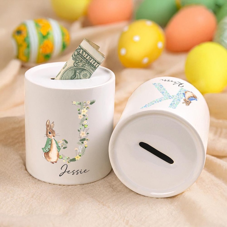 Custom Floral Peter Rabbit Alphabet Money Box With Name, Easter Ceramic ...