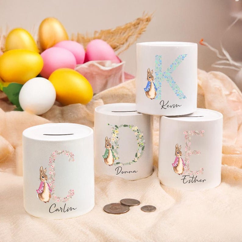 Custom Floral Peter Rabbit Alphabet Money Box With Name, Easter Ceramic ...