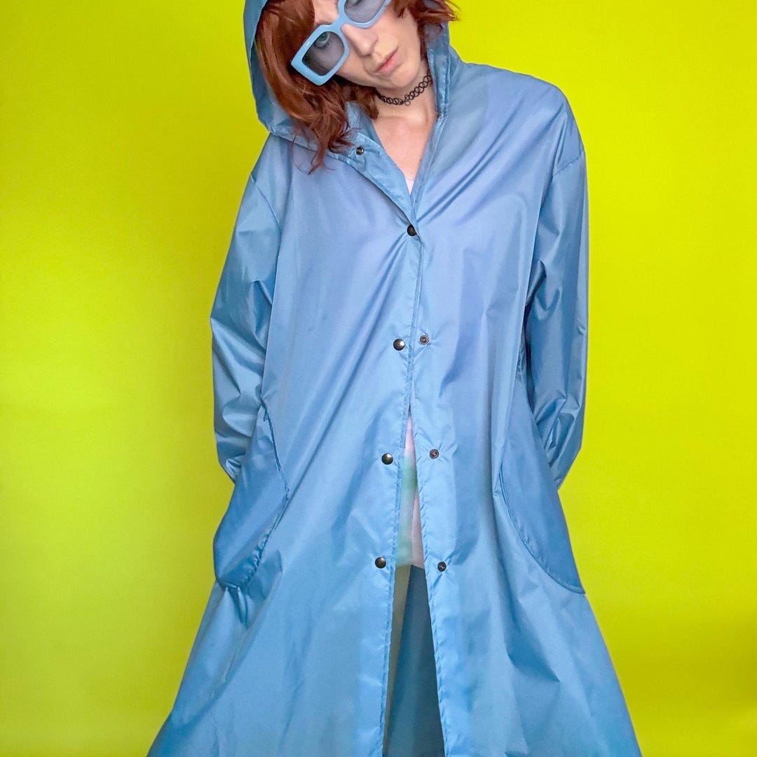 Vintage 1980's Aqua Sheen Blue Hooded Unisex Raincoat Lightweight ...