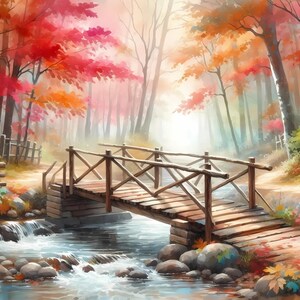 Minimalist Watercolor Landscape Print | Autumn Forest Wooden Bridge ...