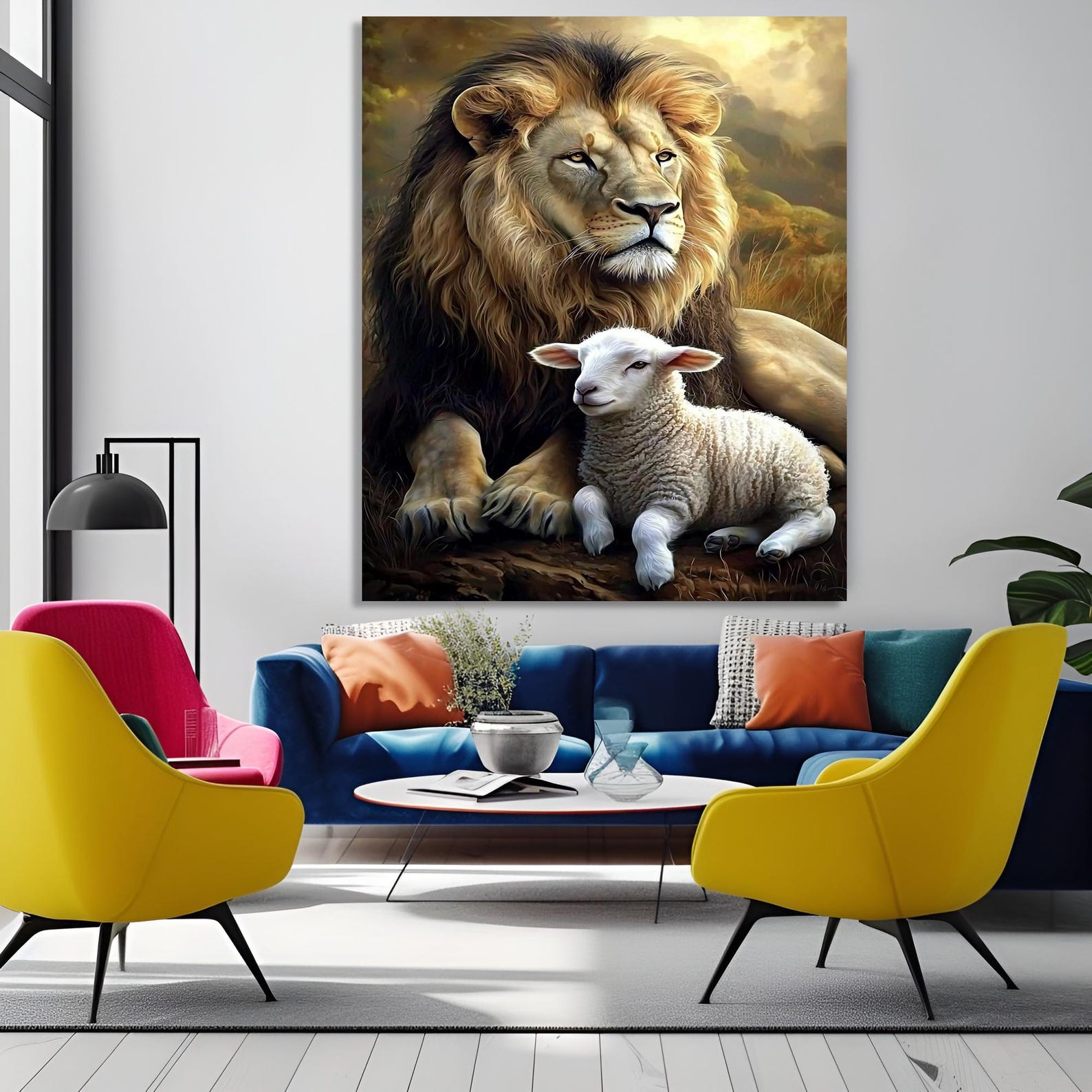 Lion and Lamb Canvas Print, Symbolic Peaceful Animal Wall Art, Framed ...