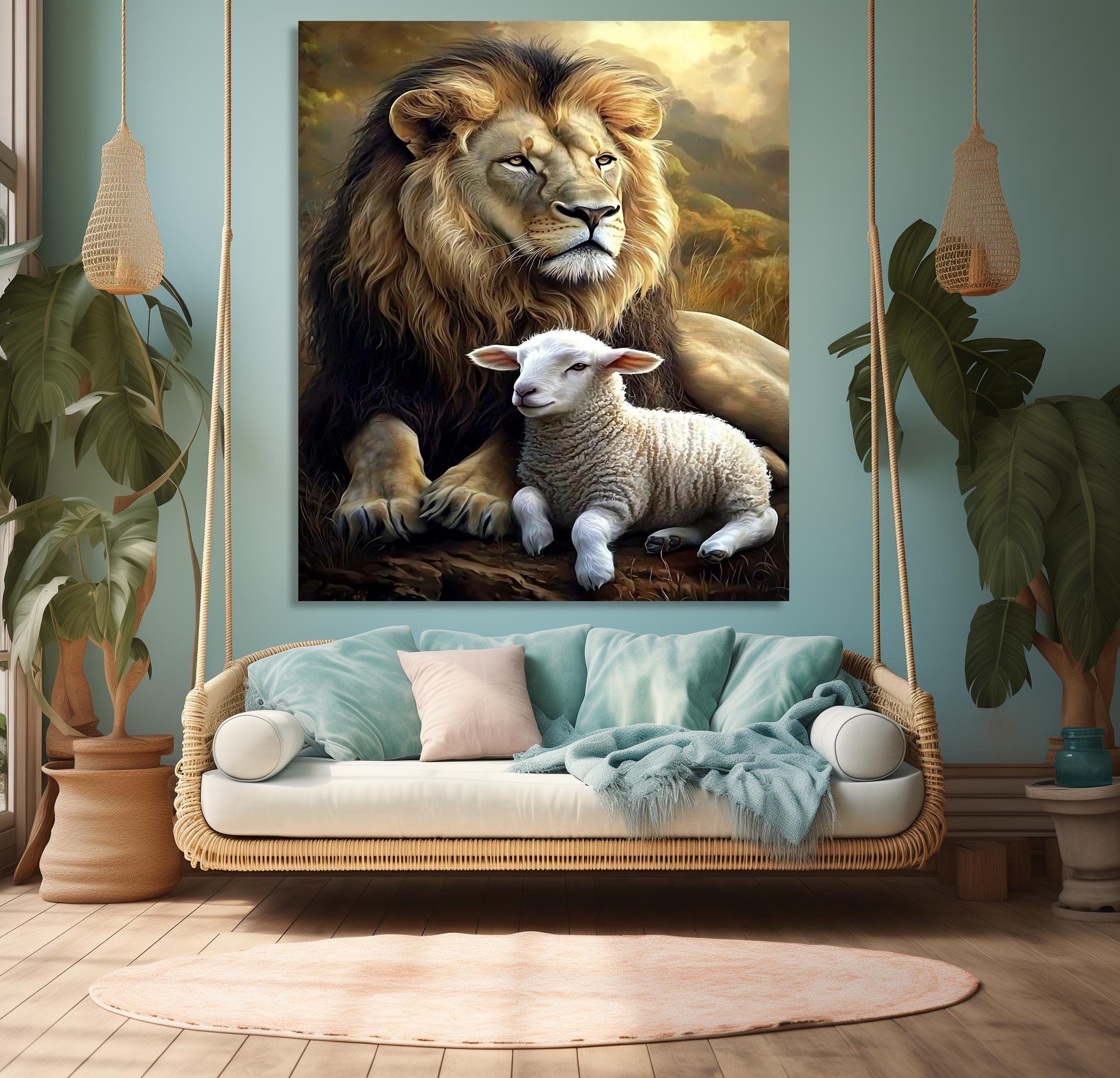 Lion and Lamb Canvas Print, Symbolic Peaceful Animal Wall Art, Framed ...