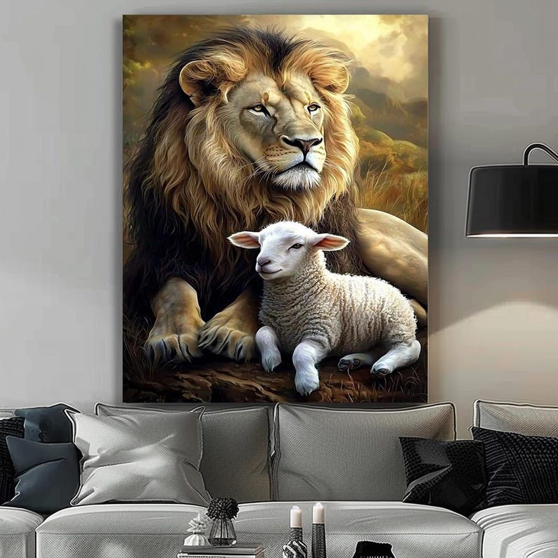 Lion and Lamb Canvas Print, Symbolic Peaceful Animal Wall Art, Framed ...