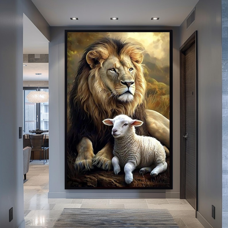 Lion and Lamb Canvas Print, Symbolic Peaceful Animal Wall Art, Framed ...