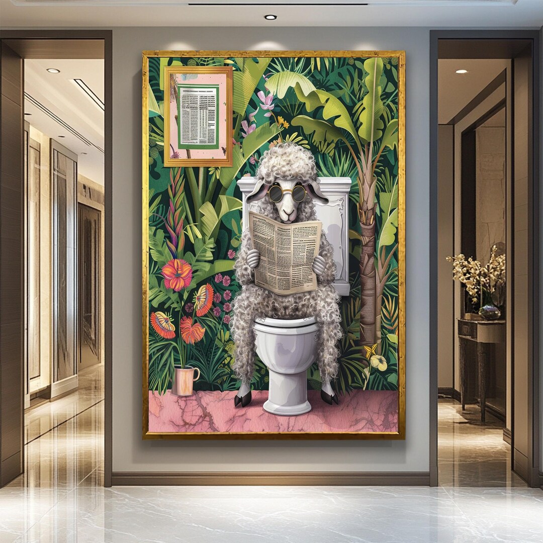 Funny Sheep on Toilet Wall Art, Quirky Animal Bathroom Decor, Tropical ...