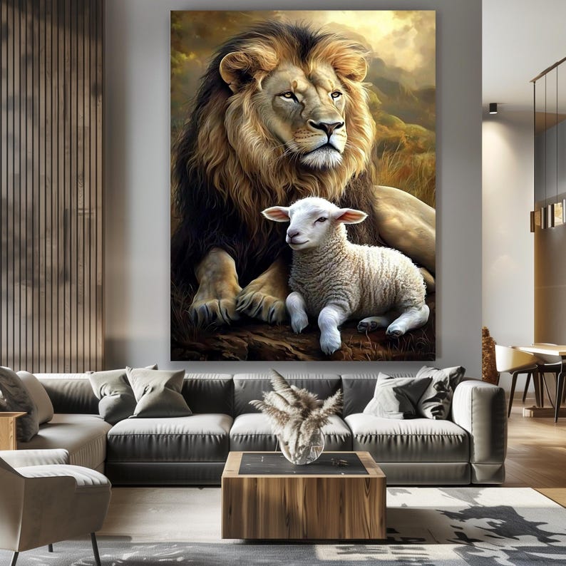 Lion and Lamb Canvas Print, Symbolic Peaceful Animal Wall Art, Framed ...