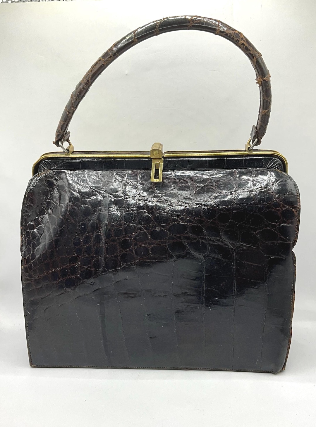 Vintage 1950’s Bellestone Hand Made Black Top Handle Alligator Handbag ...