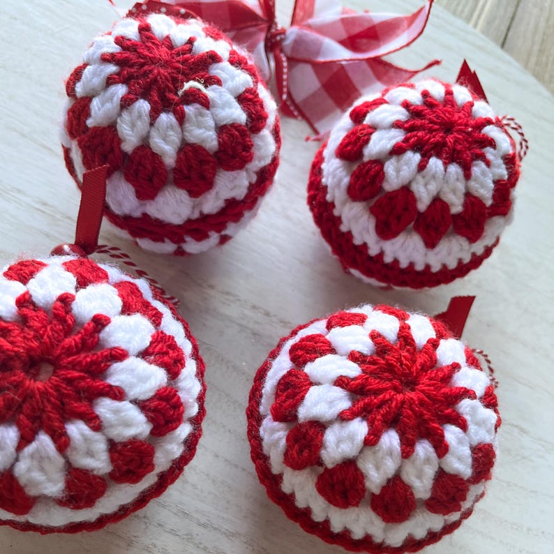 Red & White Crochet Granny Ball Ornaments Set of 4 - Etsy
