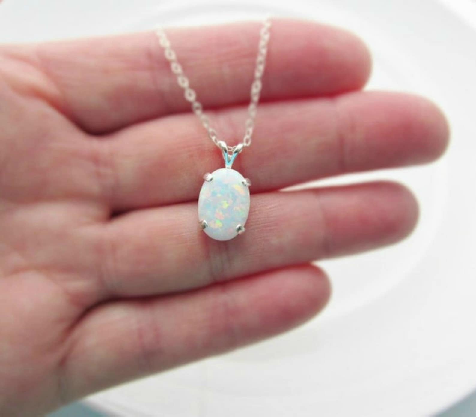 Sterling Silver Opal Necklace Opal Pendant Necklace October - Etsy