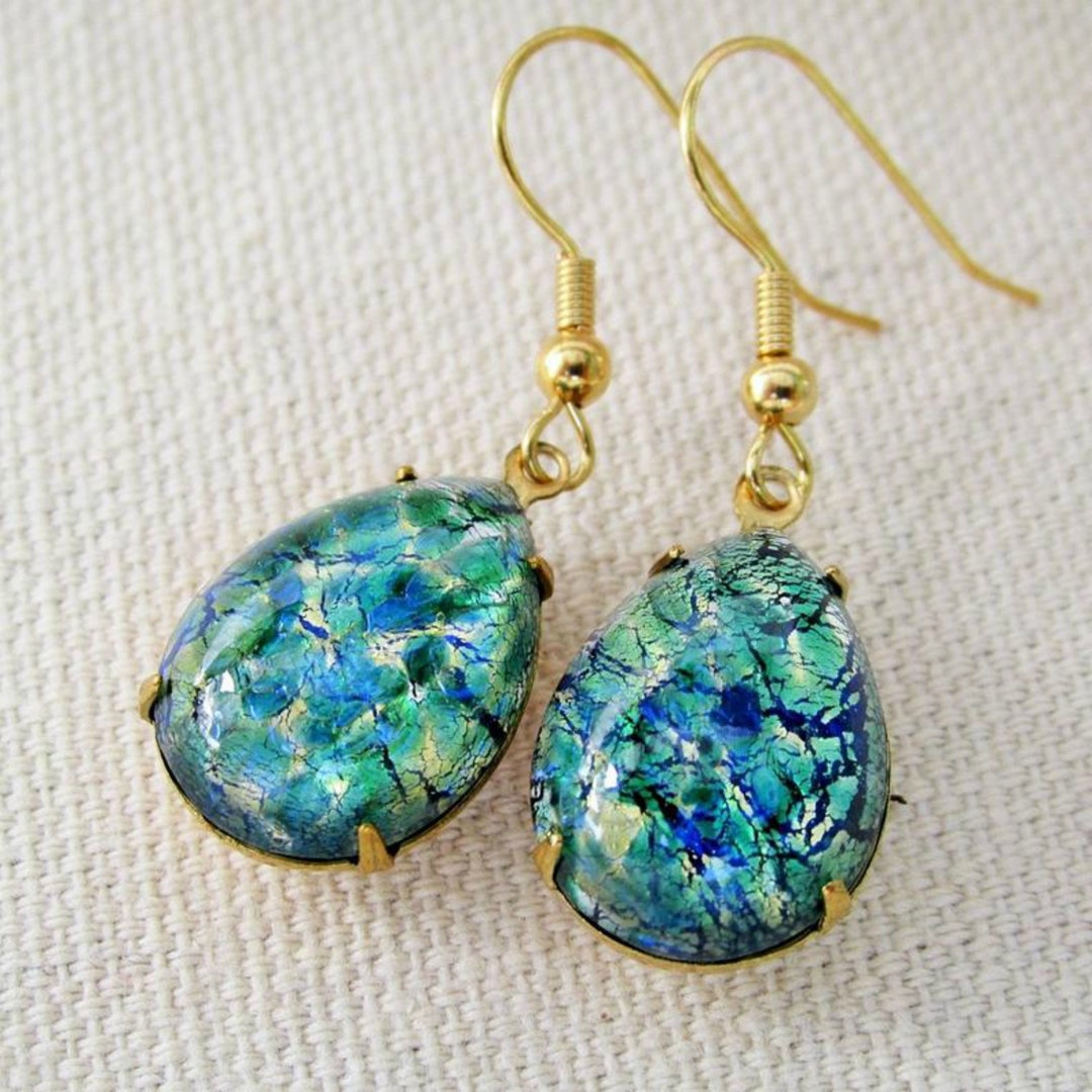 Vintage Emerald Green Fire Opal Earrings: Teardrop Dangle Jewelry - Etsy