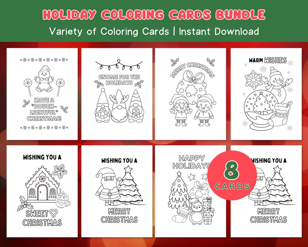 Printable Christmas Coloring Cards for Kids, Instant Download, Holiday ...