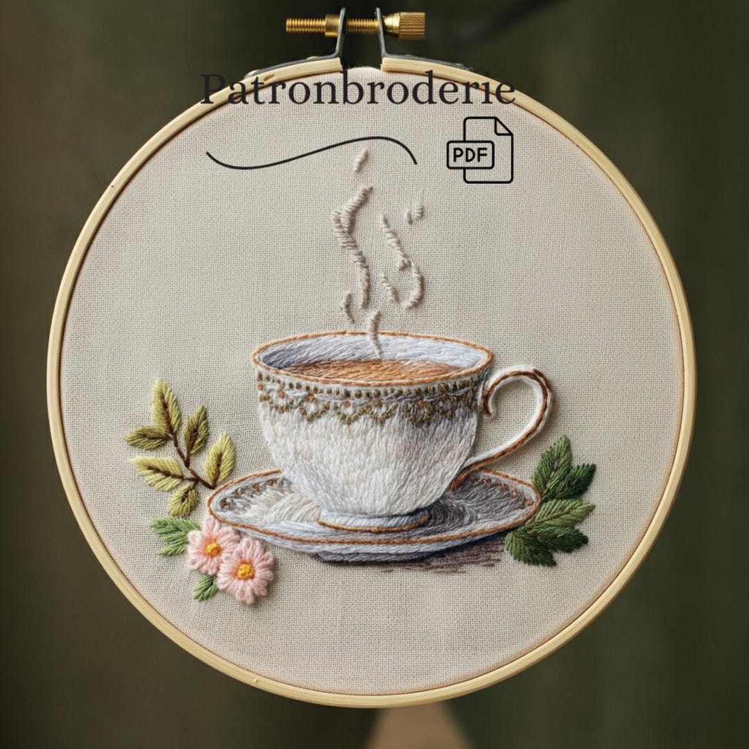 Teacup Embroidery Pattern PDF, Elegant Embroidery Design With Floral ...