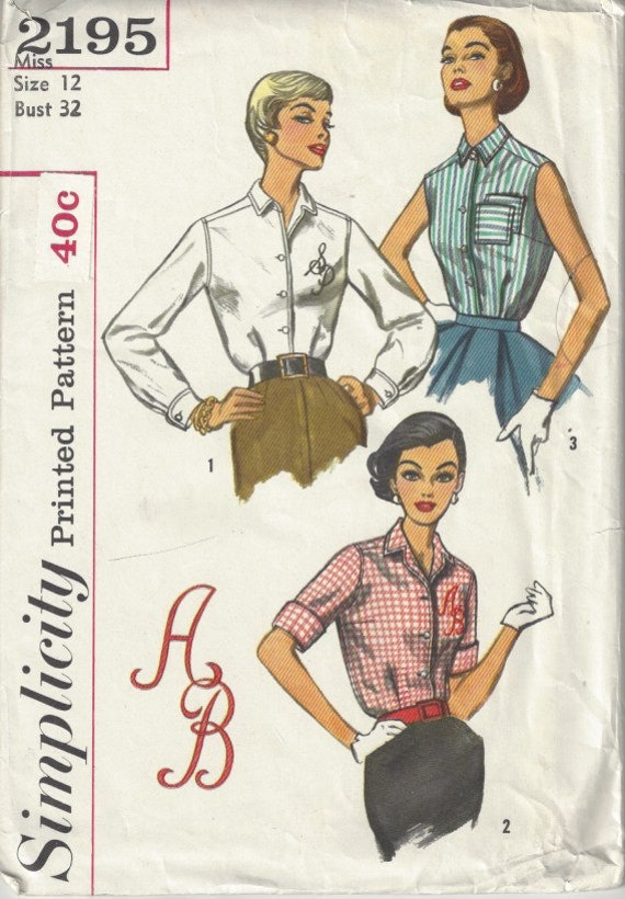 1957 Simplicity 2195 Blouse pattern Bust 32 | Etsy