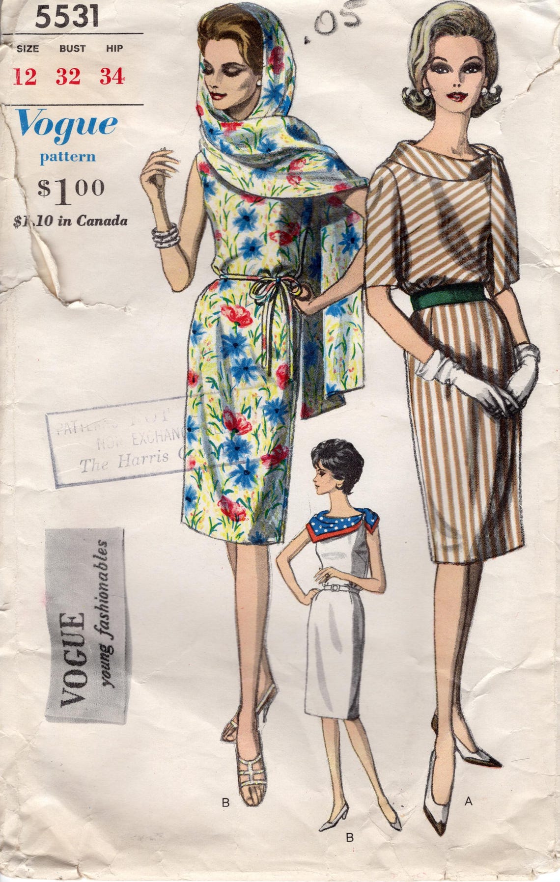 1963 Vogue 5531 One Piece Dress, Scarf and Stole Bust 32" - Etsy
