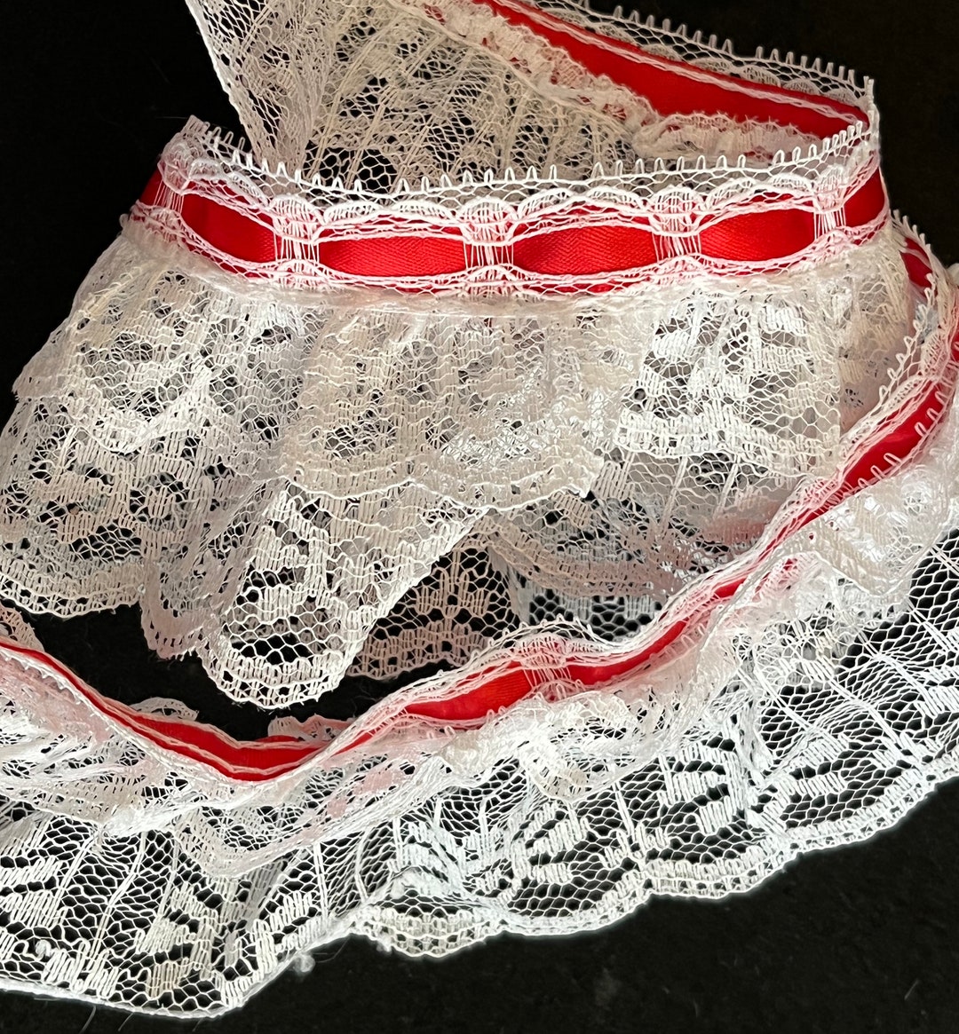 Double Ruffle Lace. 2.25" Wide. Red Satin Ribbon Header. by the Yard - Etsy
