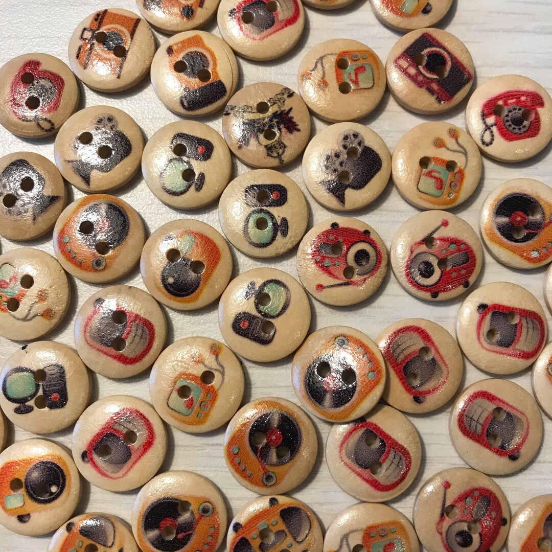 Technology Buttons. Tan Buttons With Printed Electronics. Radio, Camera ...