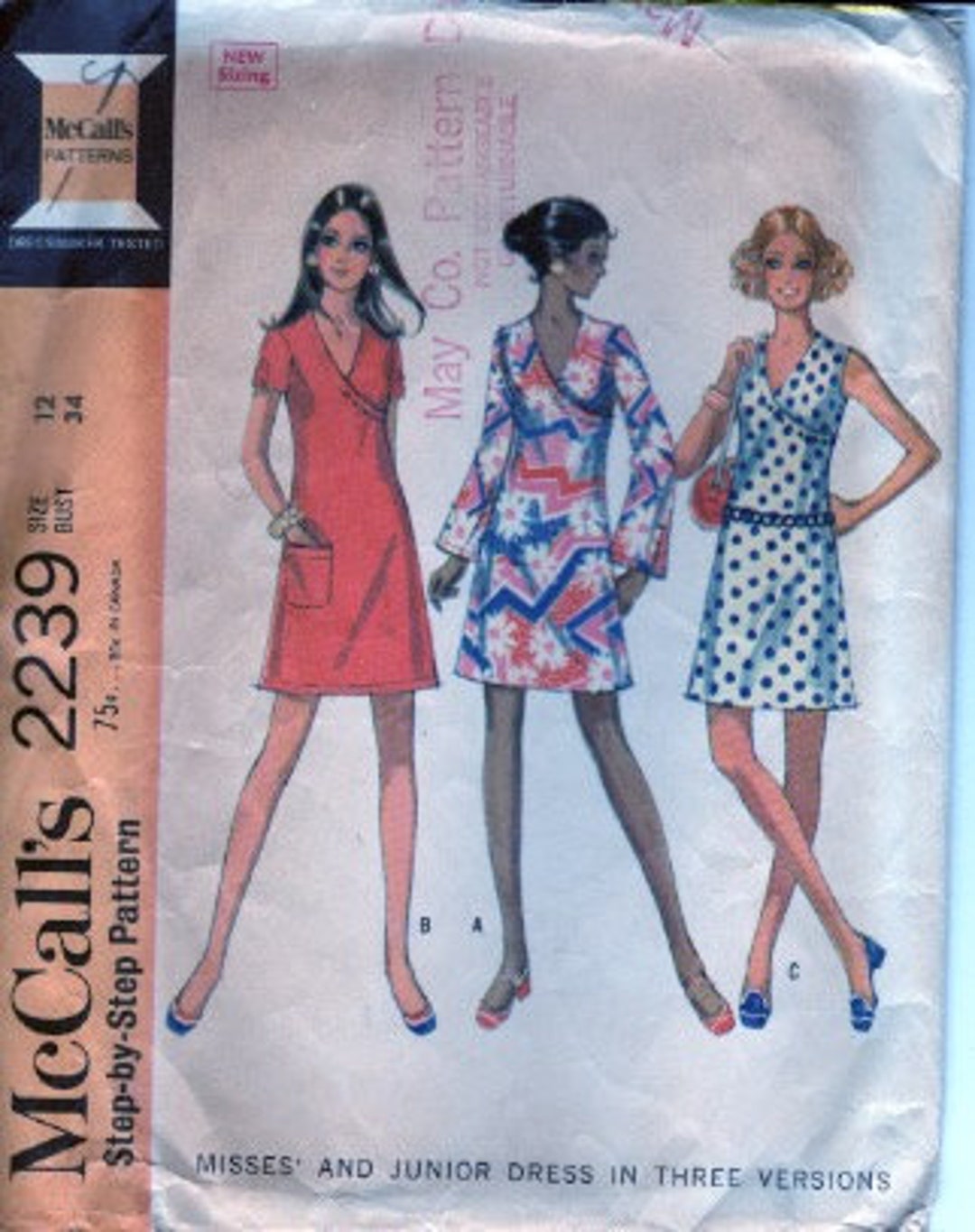 1969 Mccall's 2239 Misses' and Junior Dress in Three Versions. Bust 34 ...