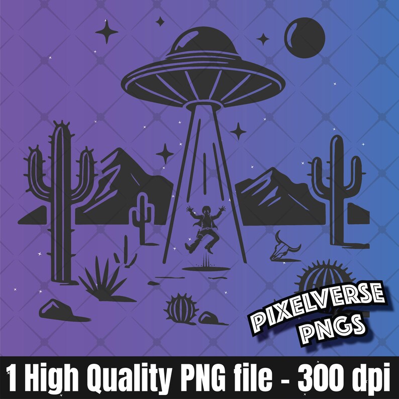 Western Cowboy UFO PNG, Vintage Alien Abduction Clipart, Desert Scene ...