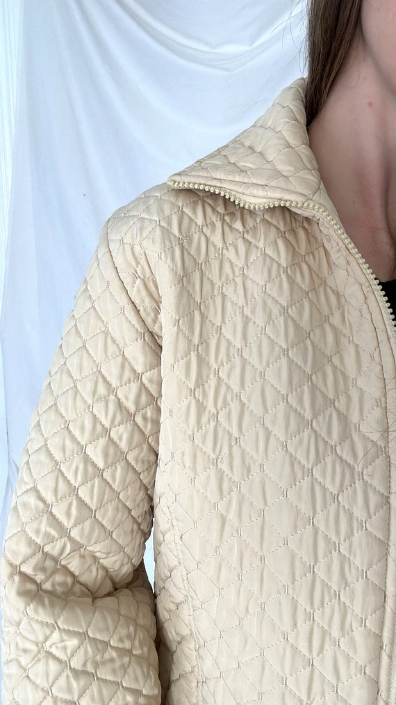 cream quilted zip up winter coat jacket - vintage 80s… - Gem