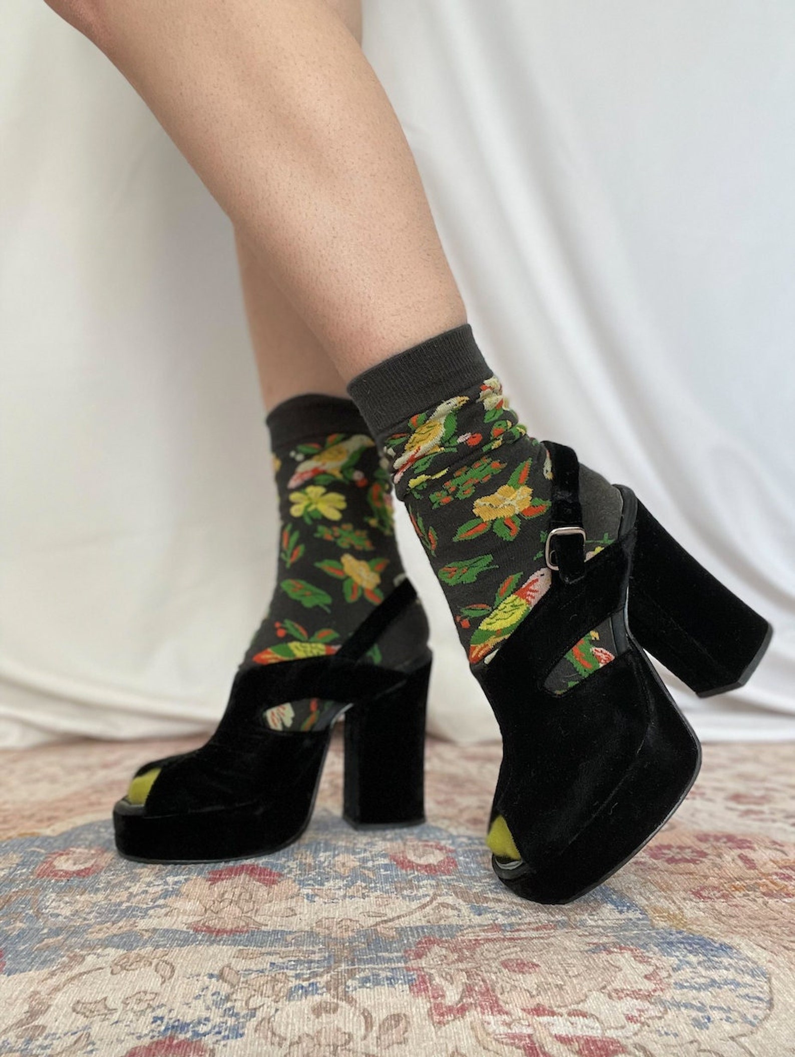 Black Velvet Open Toe Platform Heels With Ankle Straps - Etsy