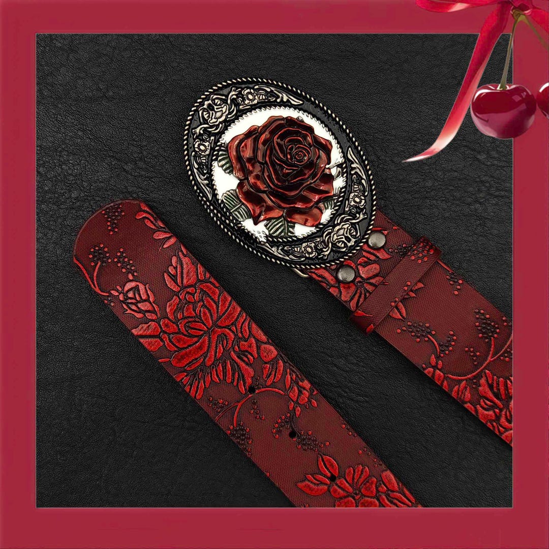 Sylus Inspired Red Rose Belt - 110cm Vintage PU Leather Alloy Women ...