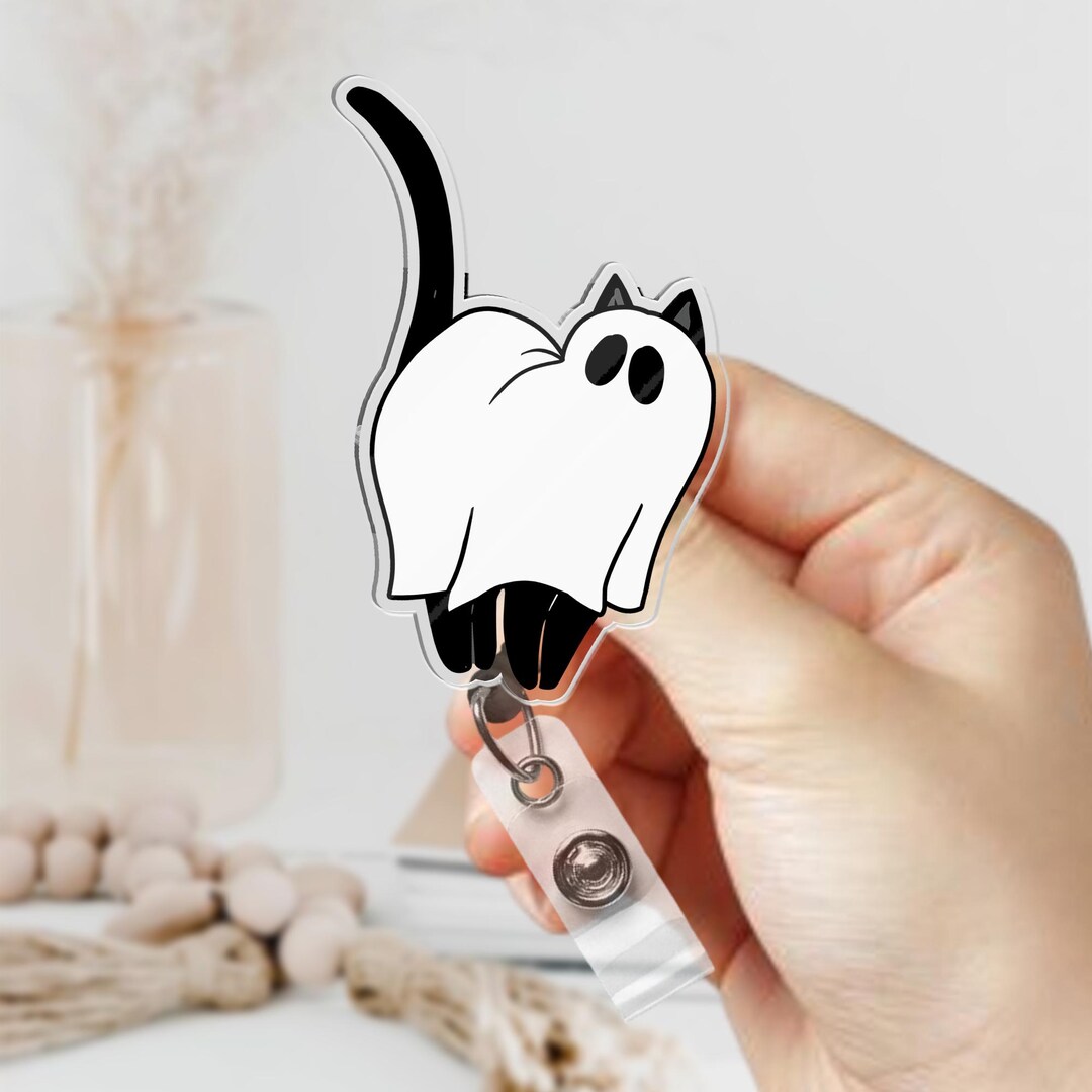 Funny Little Cute Black Cat Boo Ghost Badge Reel, Halloween Cat Badge ...
