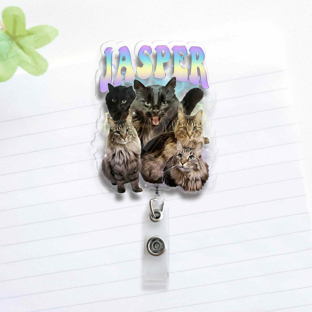 Custom Cat Portrait Badge Reel, Personalized Dog Cat Face Photo, Funny ...