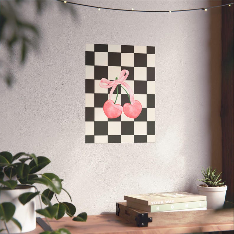Pink Cherry & Checkered Poster - Etsy
