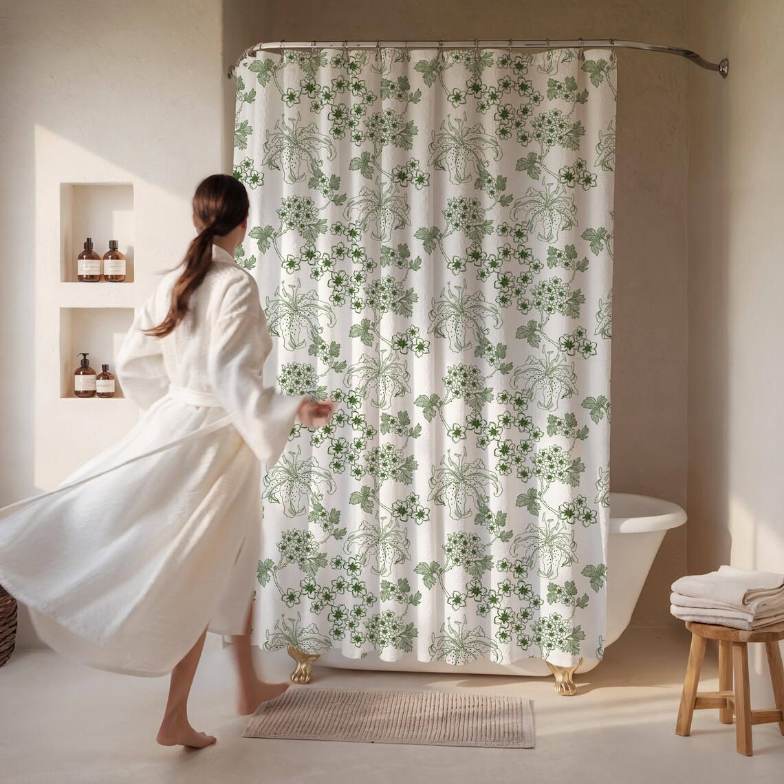 Shower Curtain Toile De Jouy Dark Green and White Lily * Nature Design ...