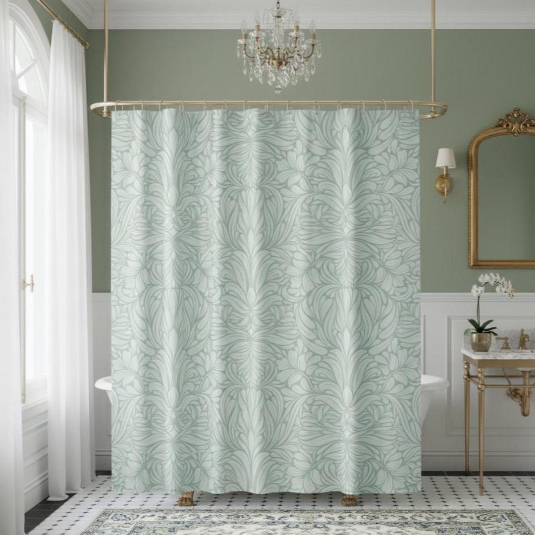 Shower Curtain Art Nouveau Pattern - Pale Teal Green Vintage Print ...