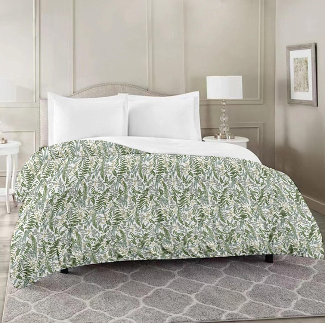 Cotton Duvet Cover Falling Fern Green and White Natural Botanical ...