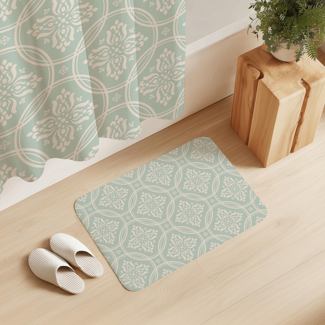 Bath Mat Vintage Round Damask Pattern Sage Green & Pale Beige - Etsy