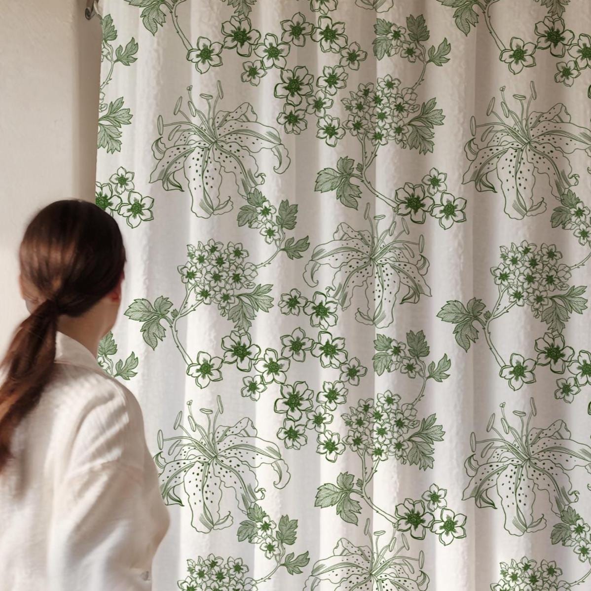 Shower Curtain Toile De Jouy Dark Green and White Lily * Nature Design ...