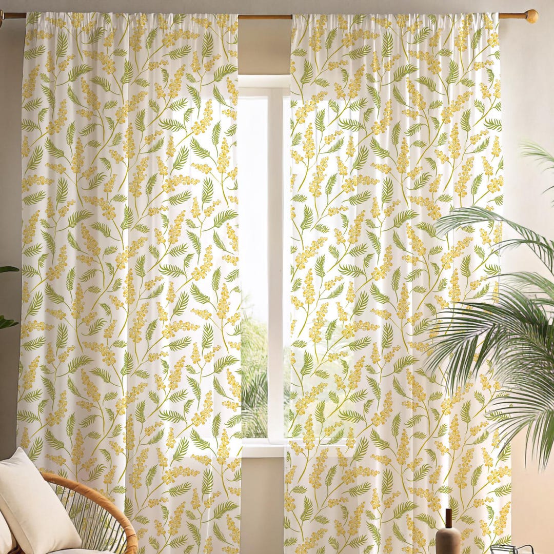 Sheer Curtains * Silver Wattle Pattern Mustard Yellow Floral * Linen ...