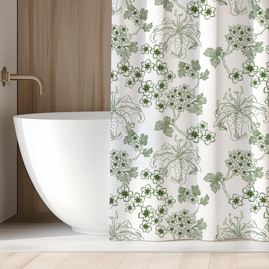 Shower Curtain Toile De Jouy Dark Green and White Lily * Nature Design ...